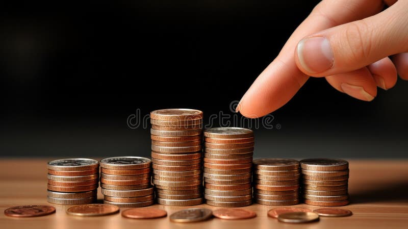 Close-up Stack of Coins Isolated with Hand and Finger Touching Pile ...