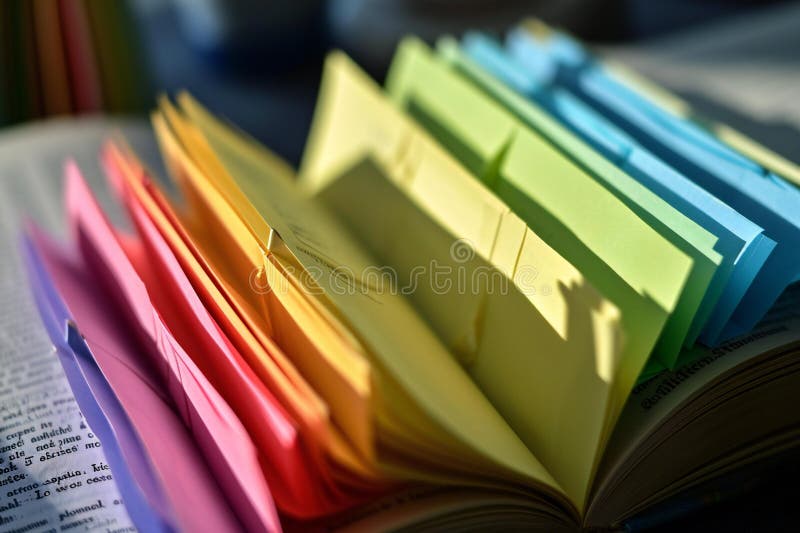 Close Up of Stack of Colorful Sticky Notes on Open Book, Selective ...