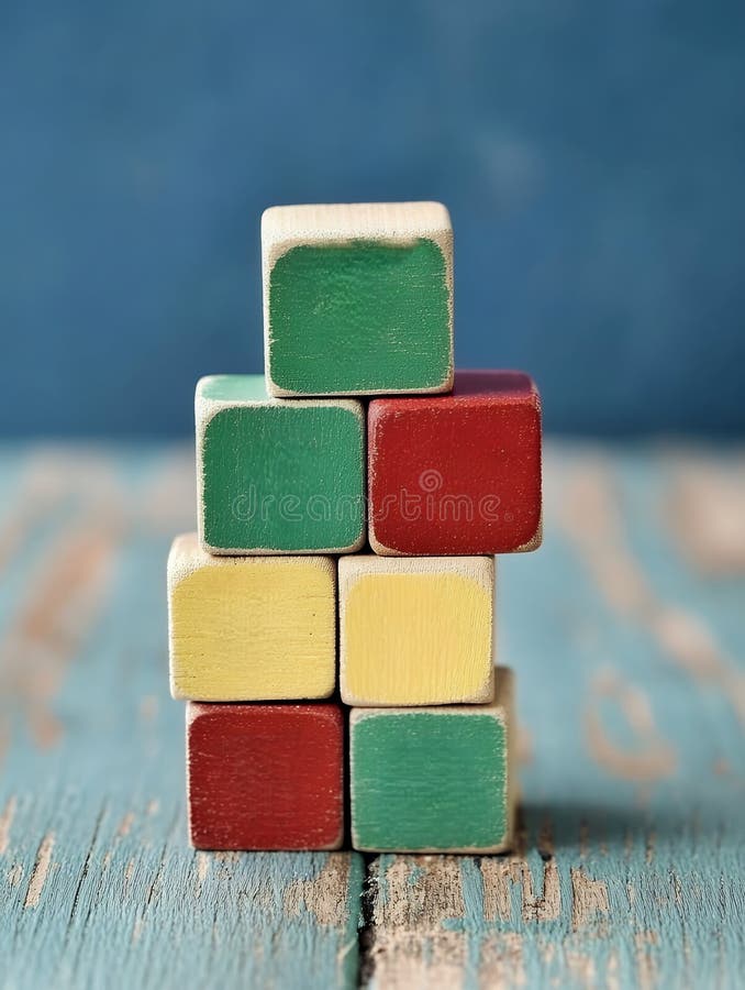 Close Up of a Stack of Colorful Wooden Blocks on a Distressed Blue ...