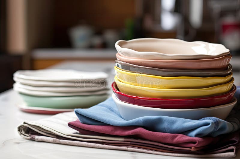 Close-up of Stack of Freshly Washed Dishes, with Drying Cloth Visible ...