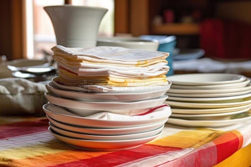 Close-up of Stack of Freshly Washed Dishes, with Drying Cloth Visible ...