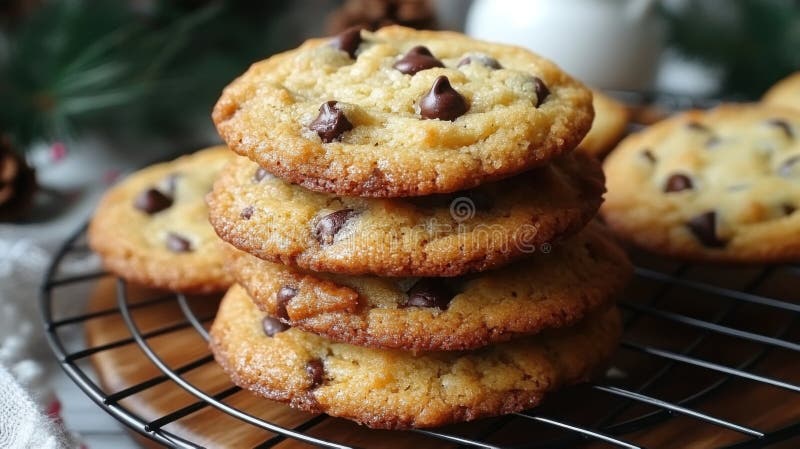 Close-up of a Stack of Golden Brown Chocolate Chip Cookies on a Wire ...
