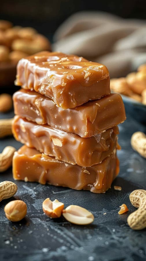 Close-up of a Stack of Peanut Butter Fudges with Caramel and Peanuts on ...