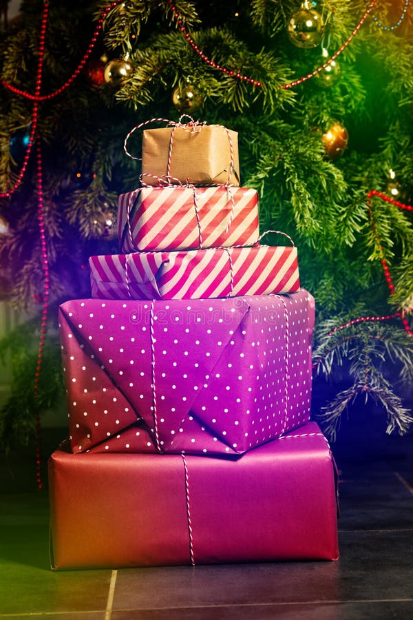 Close-up of a Present Boxes Stack Lay Under Christmas Tree Stock Photo ...