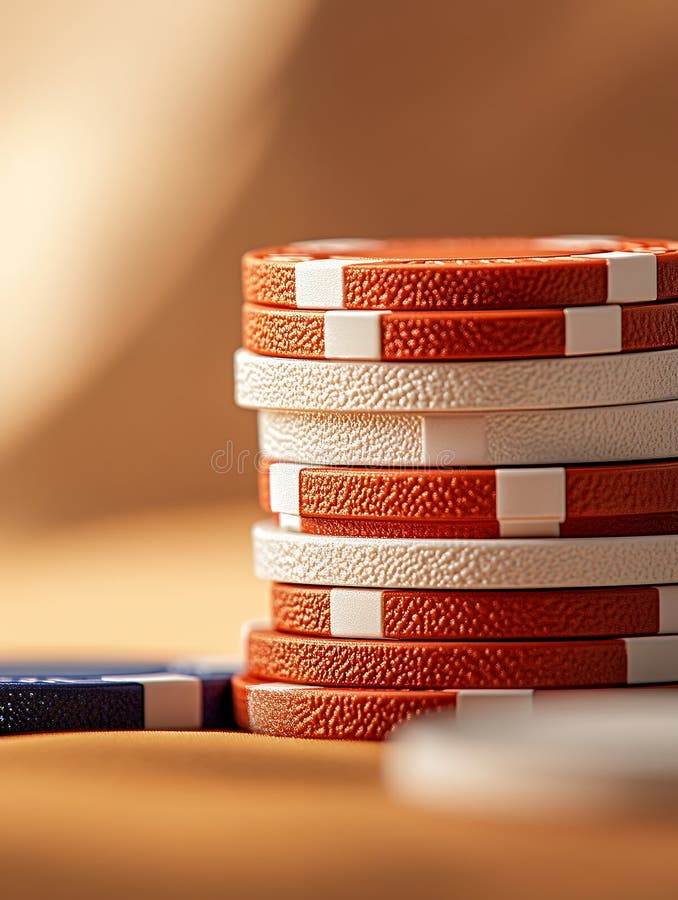 Close-up of a Stack of Red and White Poker Chips on a Beige Surface ...