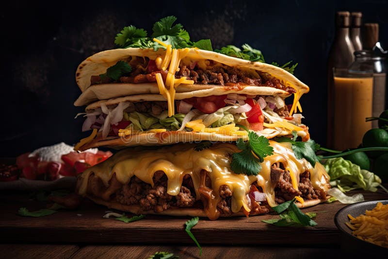 Close-up of a Stack of Tacos with Melted Cheese and Juicy Fillings ...