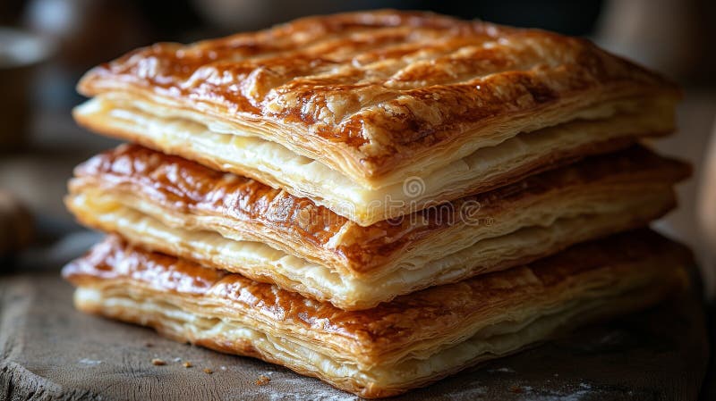 Close Up of a Stack of Three Golden Brown Puff Pastry Squares Dessert ...