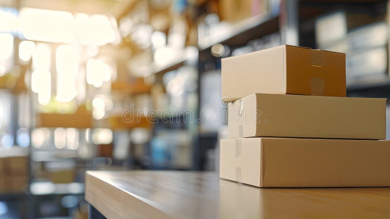 Stack of Brown Cardboard Boxes on a Table in Sunlit Modern Office ...