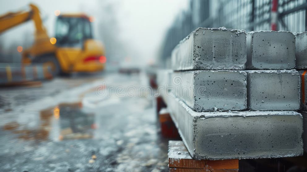 Close-up of Stacked Concrete Blocks at a Wet Construction Site. Stock ...