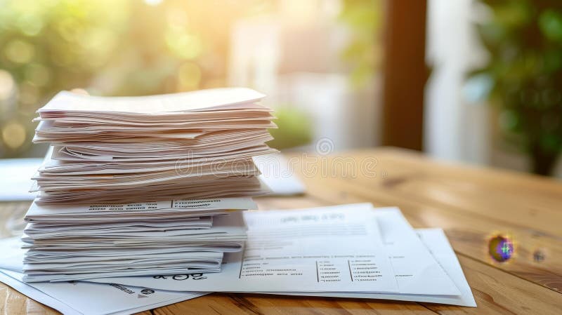 Close-up of Stacked Documents on a Wooden Table, Representing Paperwork ...