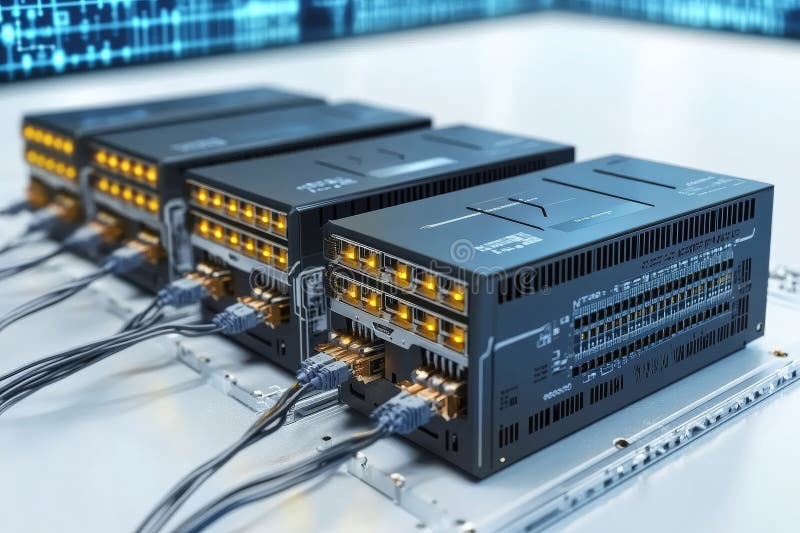 Close Up of Stacked Network Switches with Glowing LED Indicators ...