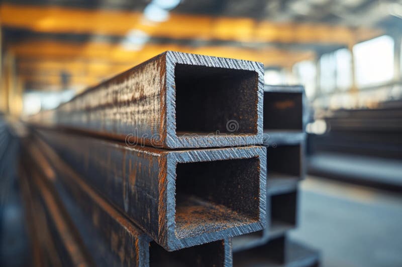 Close-up of Stacked Rectangular Hollow Section Steel Profiles Showing ...