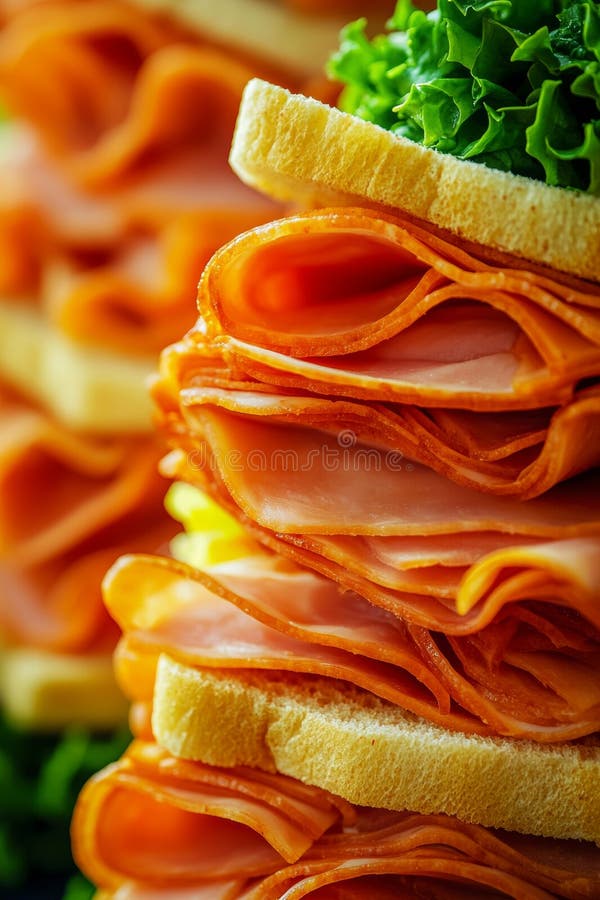 Close-Up, Stacked Sandwich with Layers of Ham. the Focus Concentrates ...