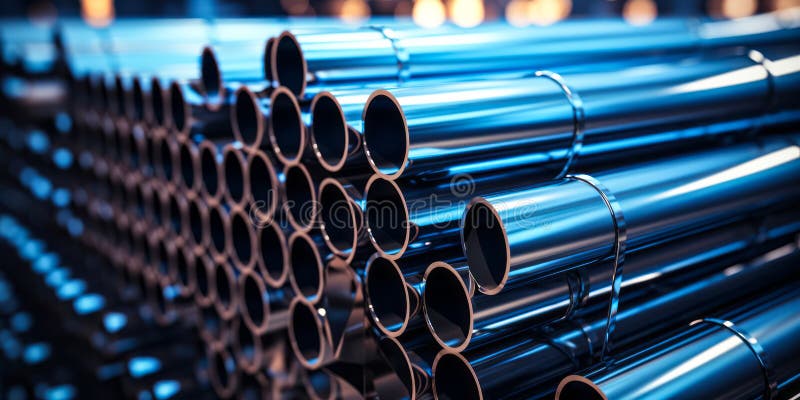 Close-up of Stacked Steel Pipes with a Reflective Surface in a ...