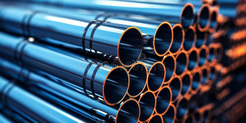 Close-up of Stacked Steel Pipes with a Reflective Surface in a ...