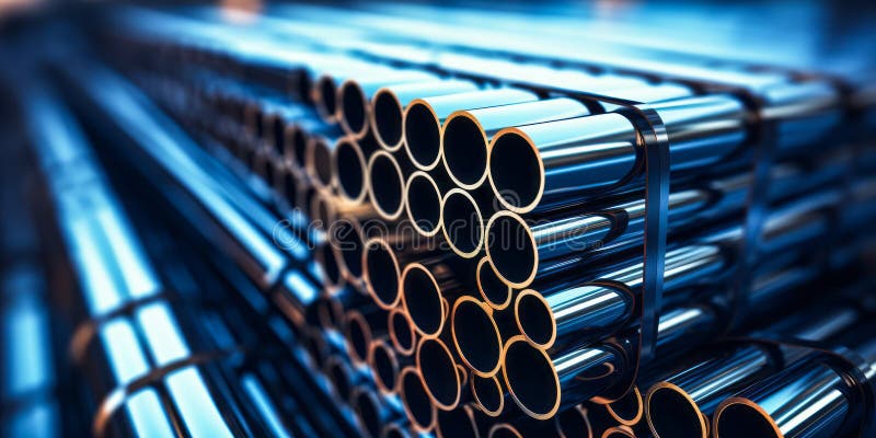 Close-up of Stacked Steel Pipes with a Reflective Surface in a ...