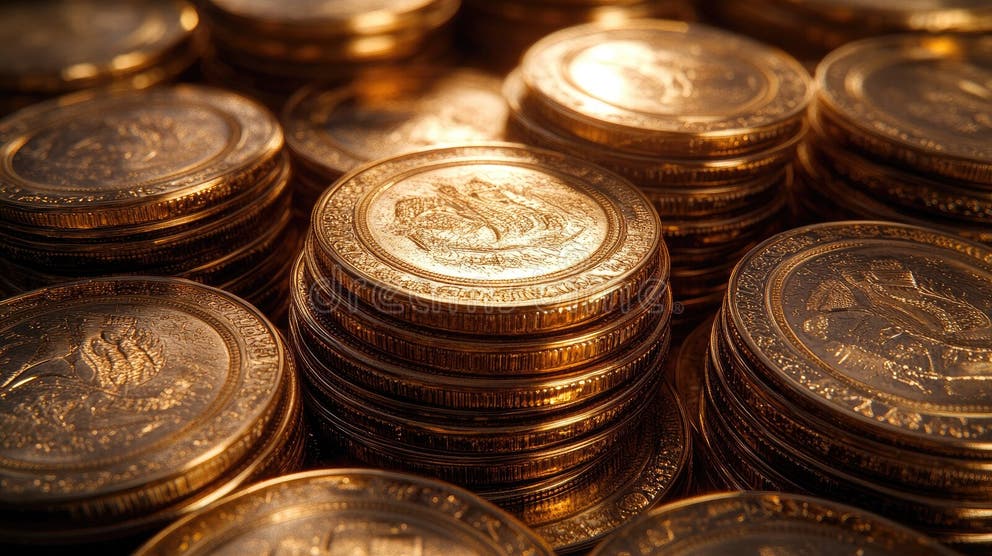 Close-up of Stacks of Gold Coins, Illuminated by Sunlight Stock ...