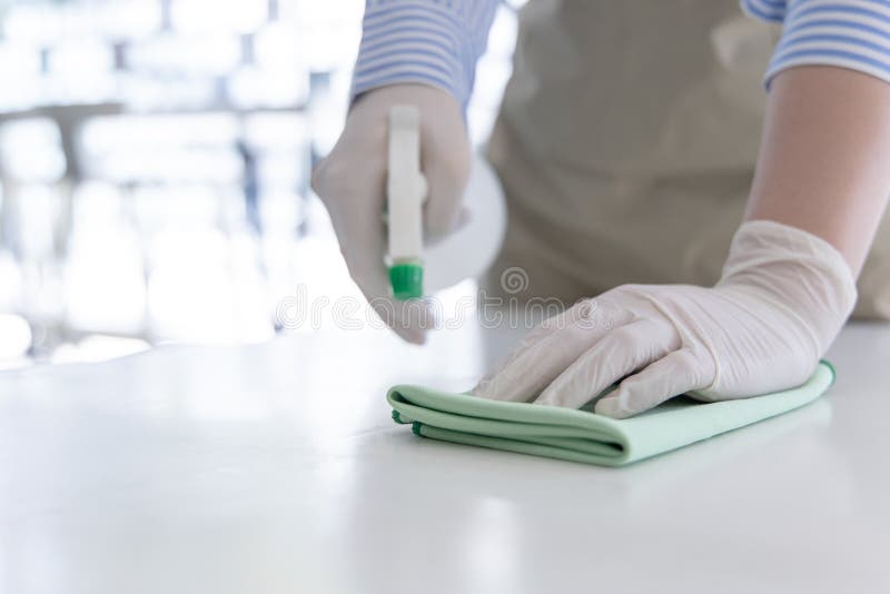 Close Up Staff Hand Restaurant Workers are Cleaning Table and Spraying ...