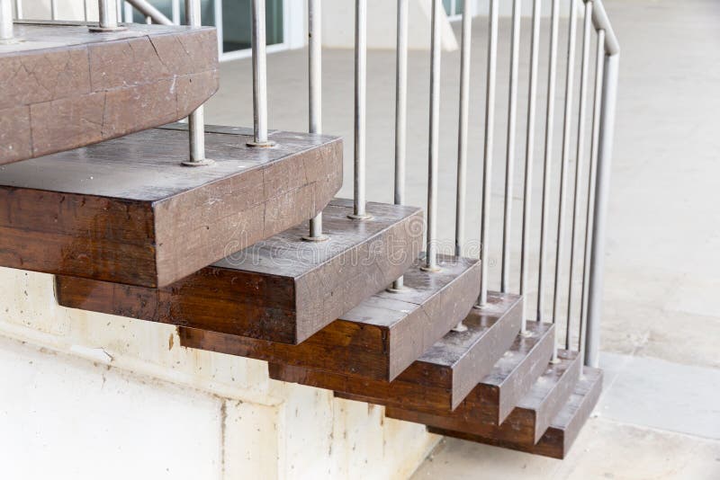 Close-up of Staircase with Wooden Steps Stock Photo - Image of concrete ...