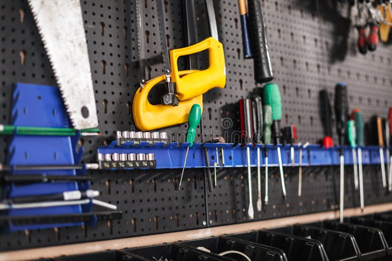 Close Up Stand of Modern Tools in Workshop Isolated Stock Image - Image ...