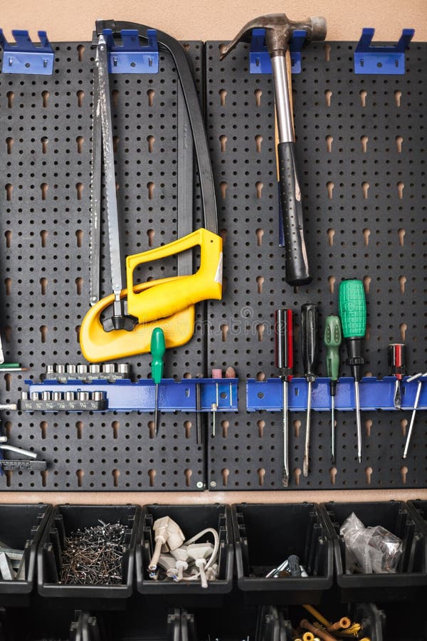 Close Up Stand with Variety of Tools in Workshop Isolated Stock Image ...