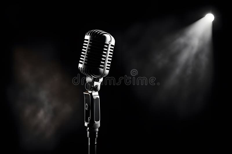 Close Up of a Standing Microphone with Spotlight on Black Background ...