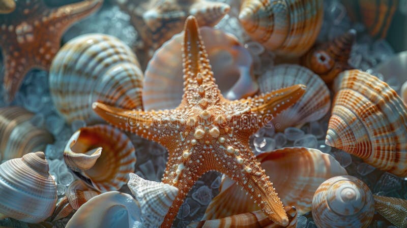 Close Up of a Starfish Surrounded by Shells. Perfect for Marine and ...