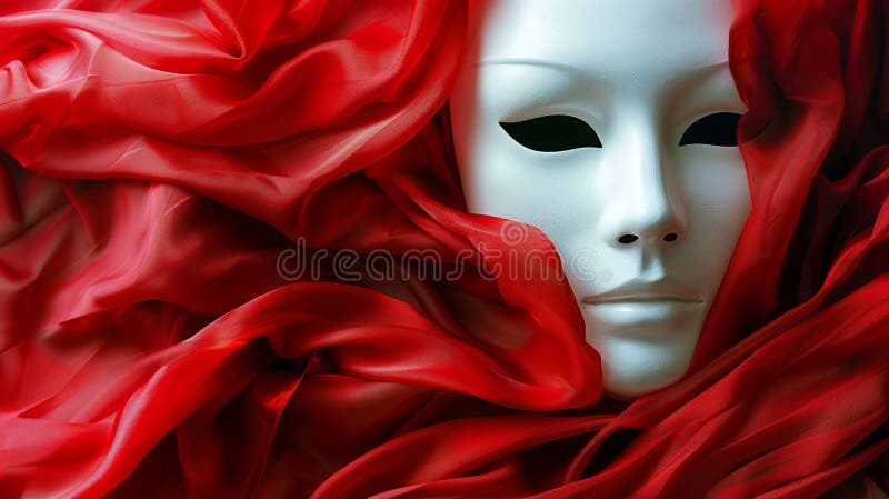 Closeup on a Stark White Mask Red Silk Flowing a Dramatic Contrast for ...