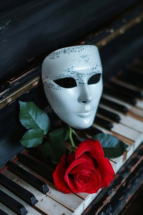 Closeup of a Stark White Mask with a Single Red Rose on an Ebony Piano ...