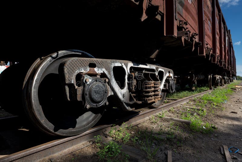 Close-up Steel Diesel Railcar Train Bogie Wheels on the Tracks Stock ...