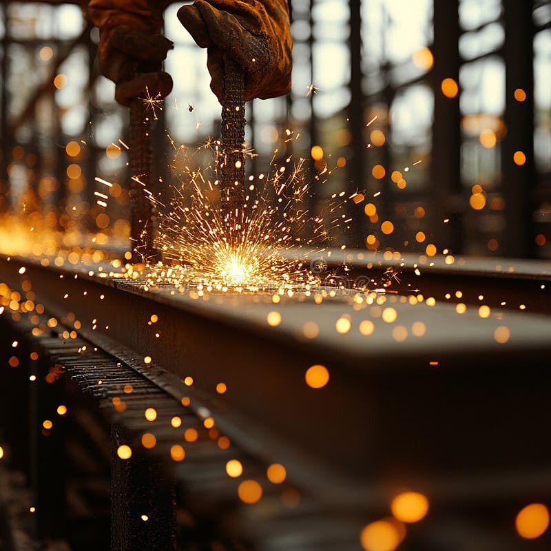 Close-up of Steel Framework Assembly Process with Sparks Flying in ...
