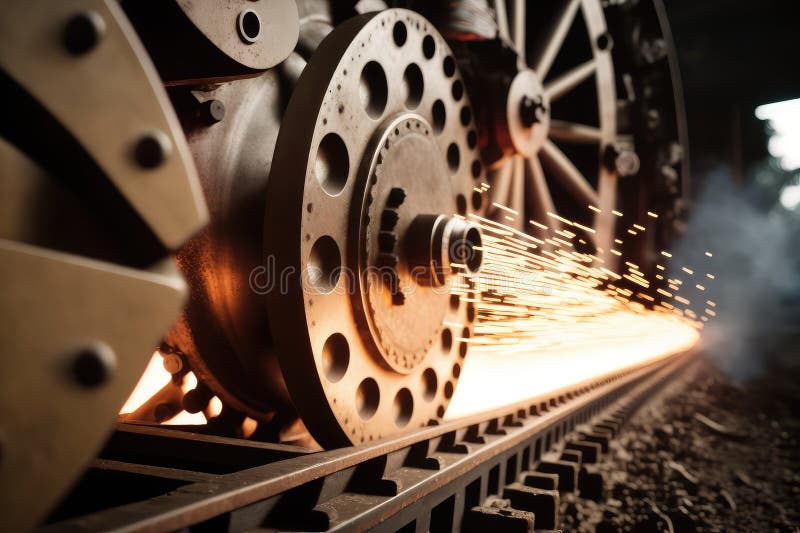 Close-up of Steel Rail, with Sparks Flying from the Wheels of a Passing ...