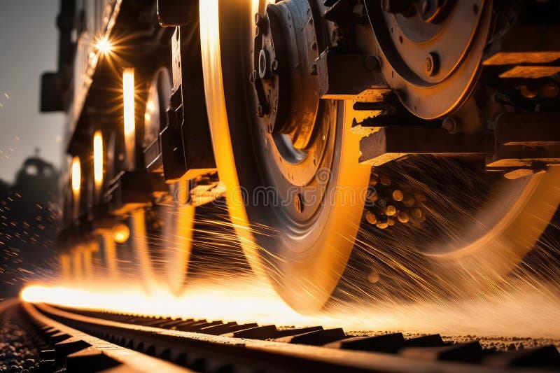 Close-up of Steel Rail, with Sparks Flying from the Wheels of a Passing ...