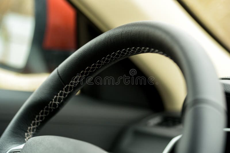 Close-up Steering Wheel of a Car. Leather Steering Wheel. Technology ...