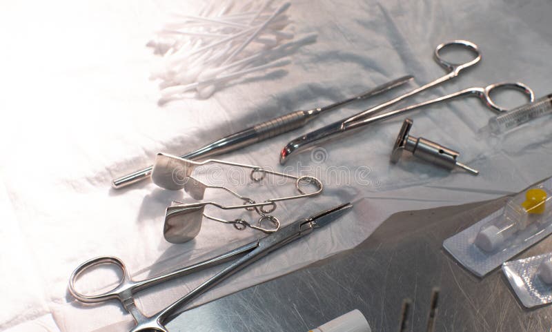 Close-up. Sterile Surgical Instruments Lie on the Table in Disarray ...