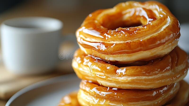 Close-up of Sticky Glazed Donuts with Coffee Stock Photo - Image of ...