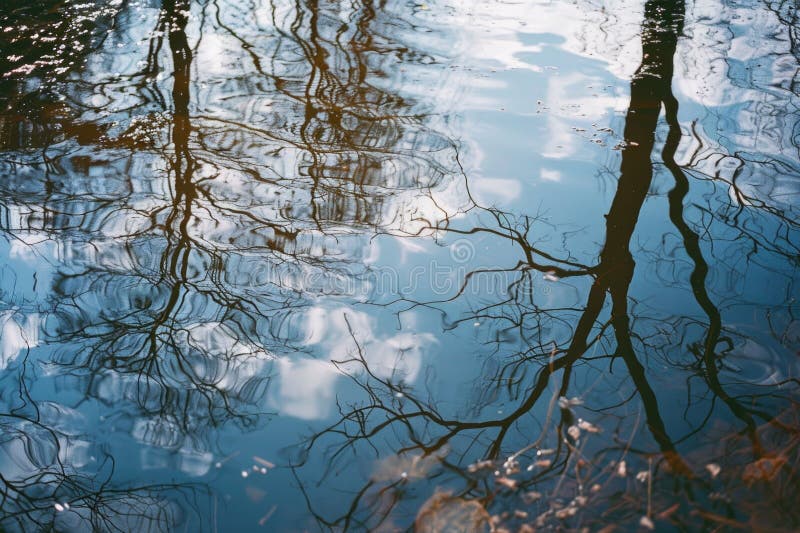 A Close-up of a Still Ponds Surface, Reflecting the Silhouette of a ...