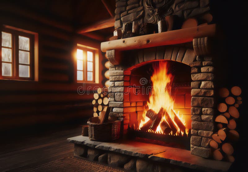 Close Up of Stone Fireplace in Log Cabin with Blazing Fire Stock ...