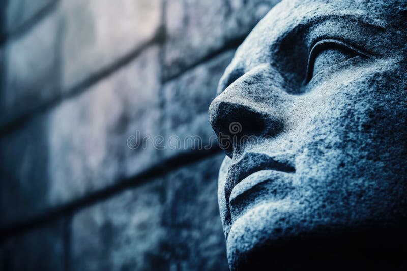 Close-up of Stone Statue Face Against Brick Wall in Moody Lighting ...