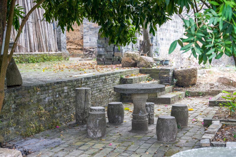 Close-up of Stone Table and Stools in the Park Stock Photo - Image of ...