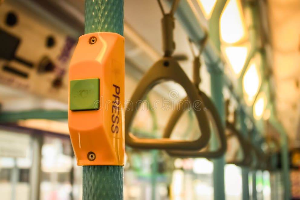 Buzzer Close Up Button on Bus. Stock Photo - Image of yellow, arrival ...