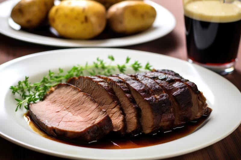 Close-up of Stout and Slices of Beef Brisket on a White Plate Stock ...