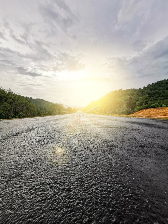 Close Up Straight Asphalt Road during Sunrise. Selective Focus Stock ...