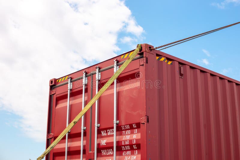 Close-up of a Strap Securing a Corner of a Metal Shipping Container ...