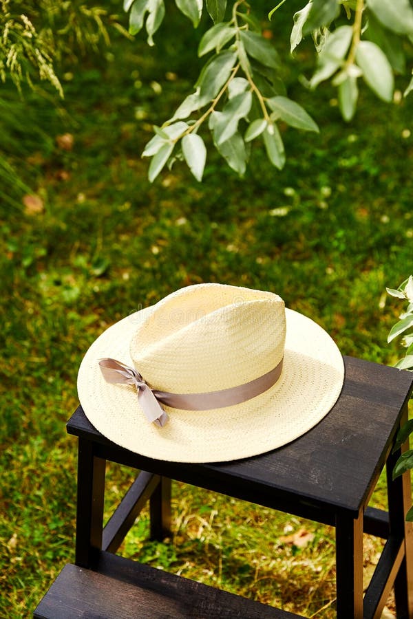 Close Up of Straw Hat on Stool at Summer Garden Stock Image - Image of ...