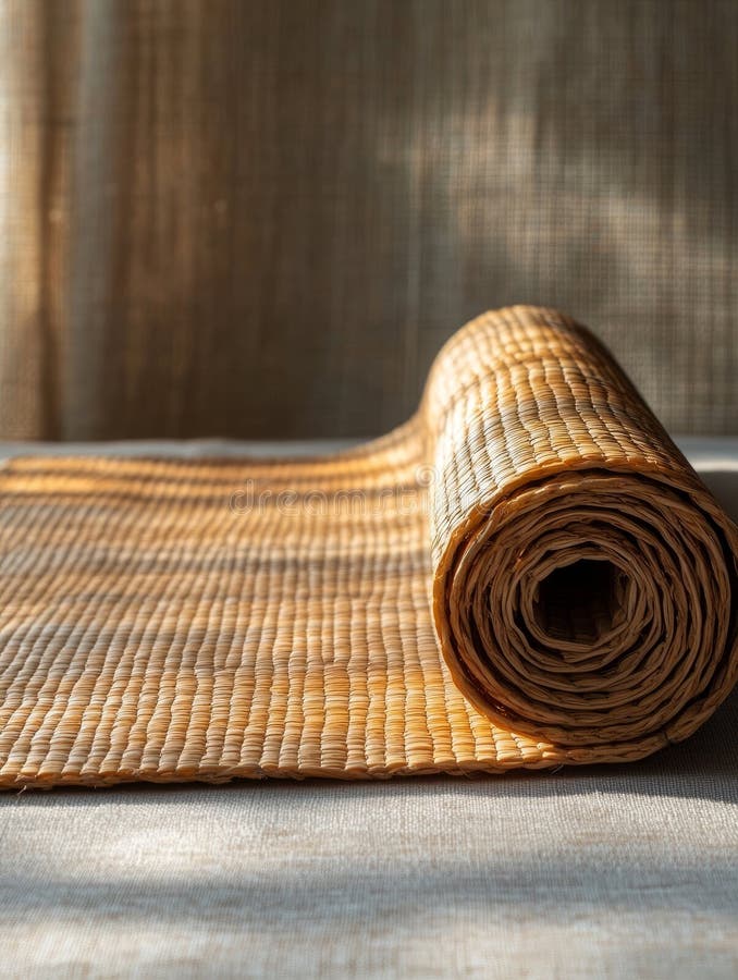 Close-up of a Straw Mat Rolled Up in Soft Natural Light. Stock Image ...