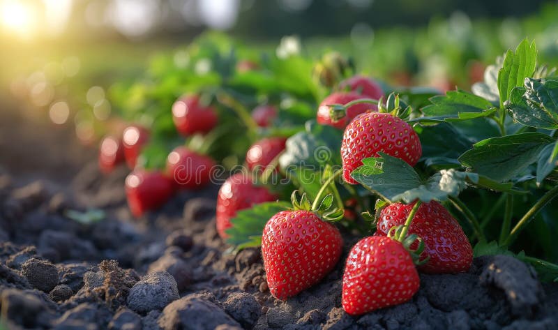 Close-up Strawberry Fields in Sunrise Stock Illustration - Illustration ...