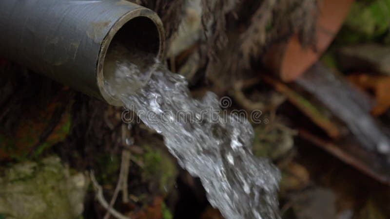 Close Up Stream of Drainage Rainwater Flows from a Plastic Pipe in ...