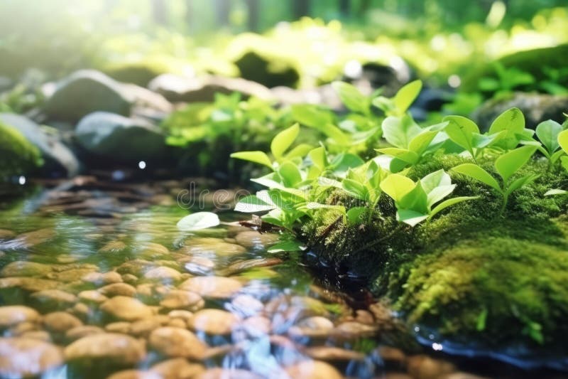 Close Up Stream of Fresh Water with Young Green Plants. Spring Nature ...