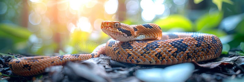 Close-up of a Striking Orange Snake with Intricate Patterns Basking in ...
